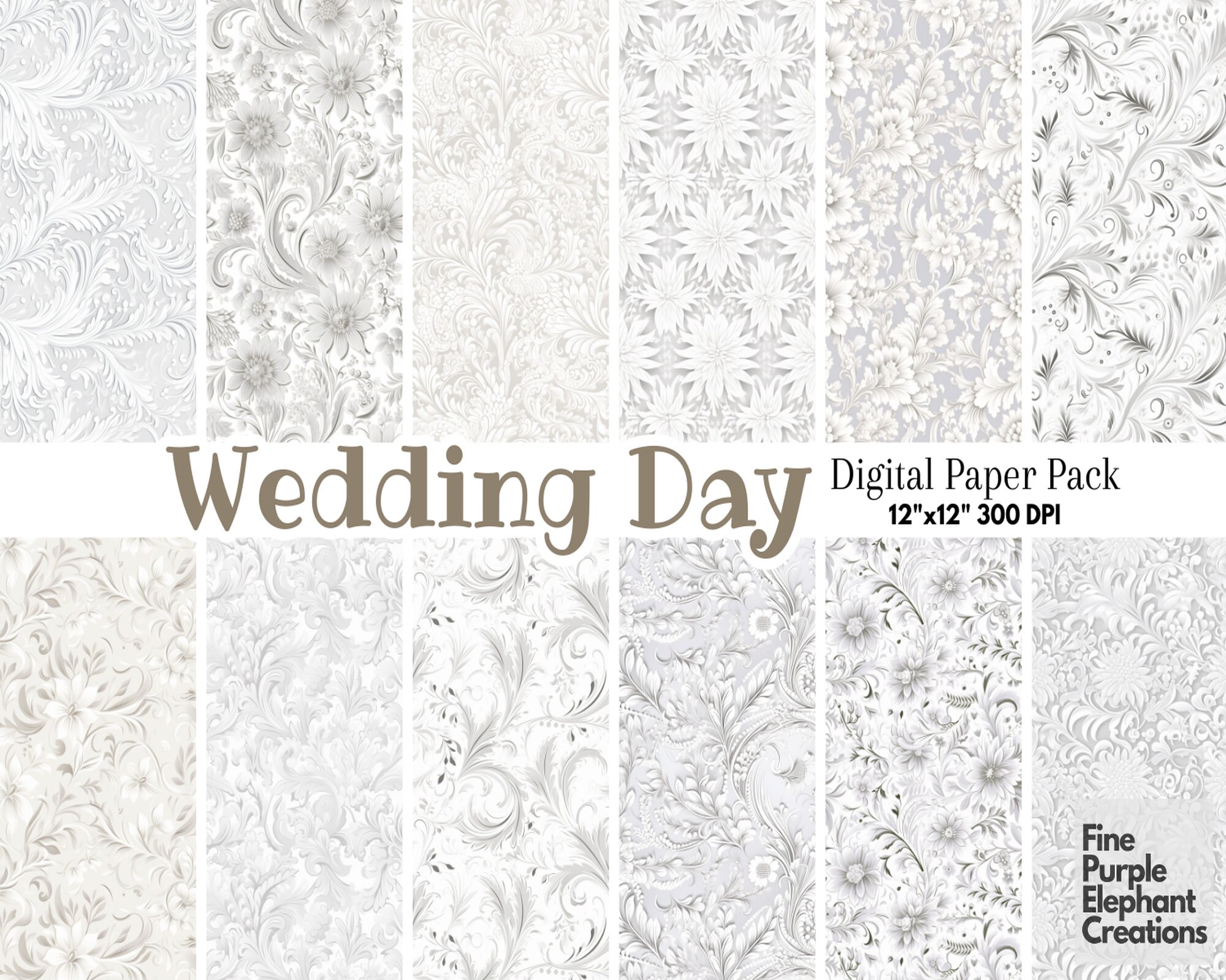 White Wedding Flourish Digital Paper Damask Filigree Flower Motif ...