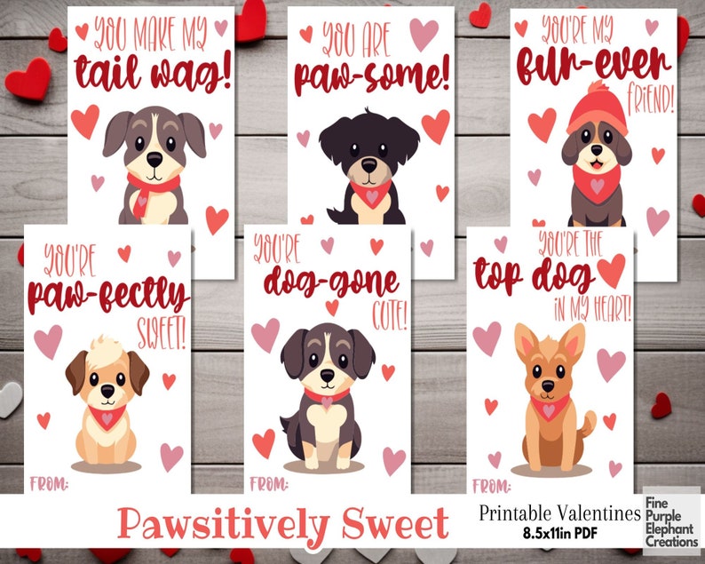 Printable Kids Dog Valentine Digital Paper Cards | Cute Heart Puppy ...