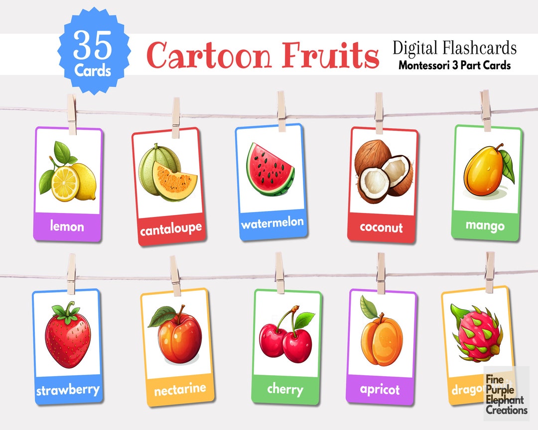 Cartoon Fruit Digital Flashcards Montessori Card Preschool Kindergarten ...