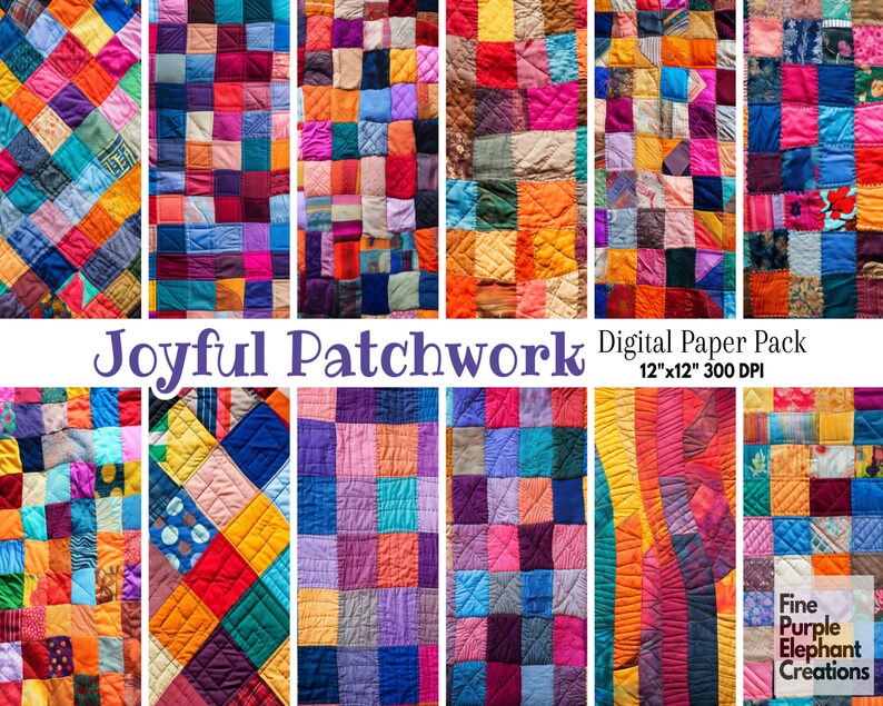 Colorful Patchwork Quilt Digital Paper Antique Grandma Sewn Stitched Fabric Texture Sublimation ...