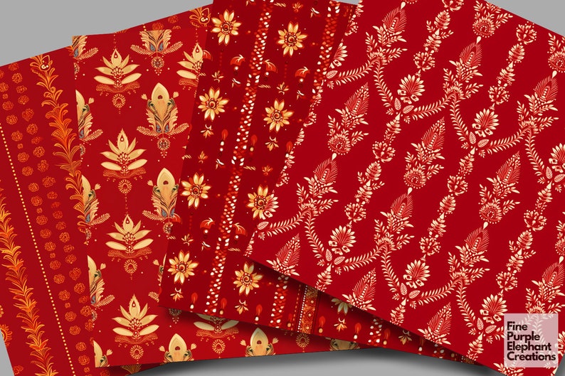 Traditional Indian Fabric Digital Paper | Red Gold Paisley Mandala ...