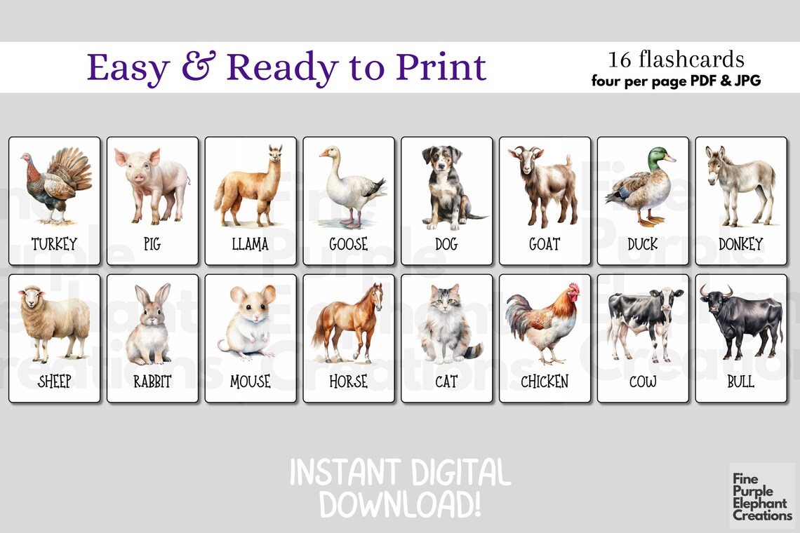 Watercolor Farm Animal Digital Flashcards Montessori Card Preschool ...