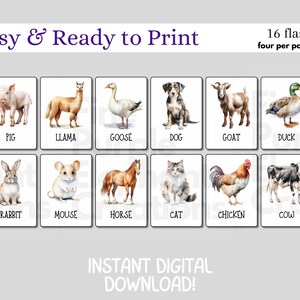 Watercolor Farm Animal Digital Flashcards Montessori Card Preschool ...