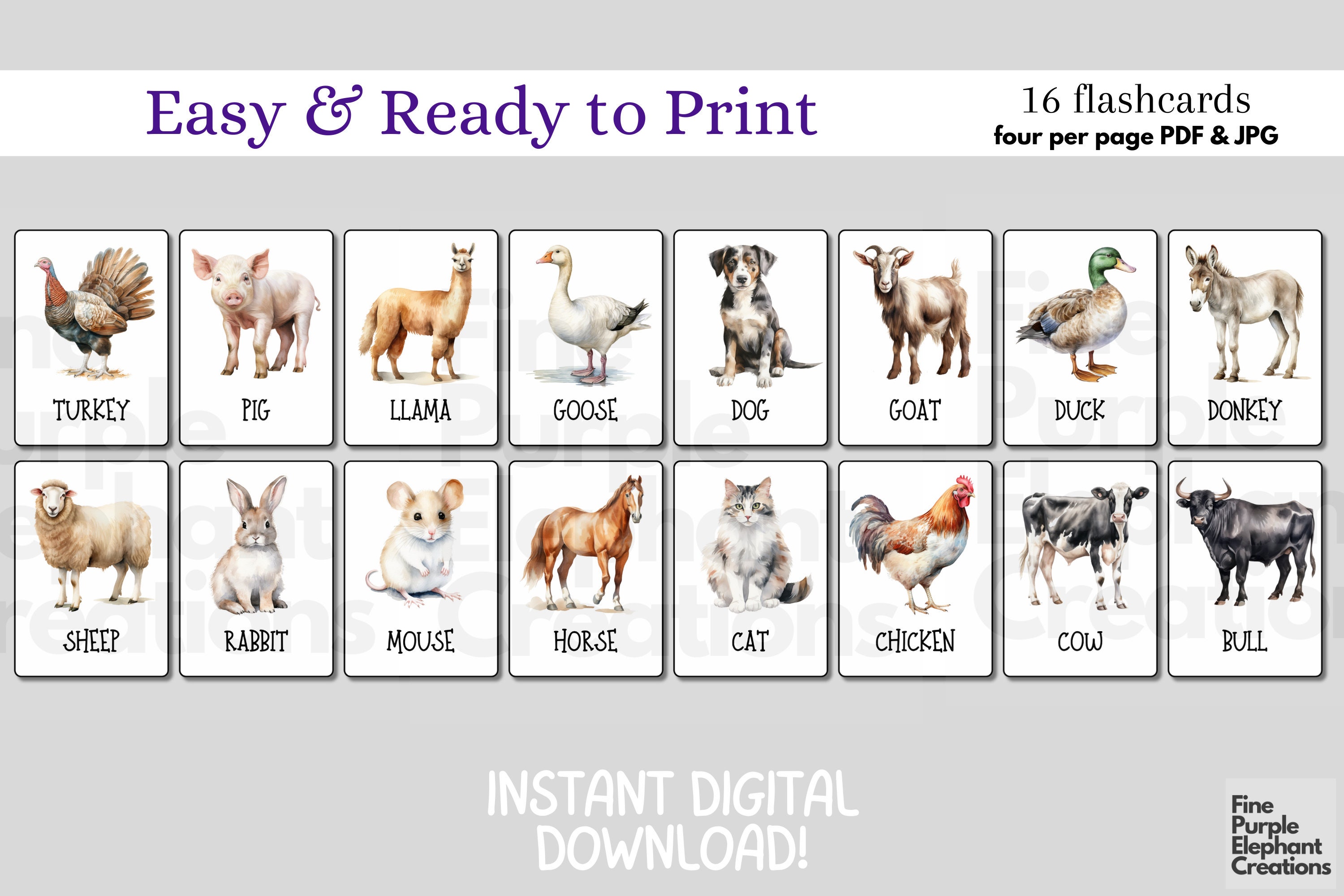 Watercolor Farm Animal Digital Flashcards Montessori Card Preschool ...