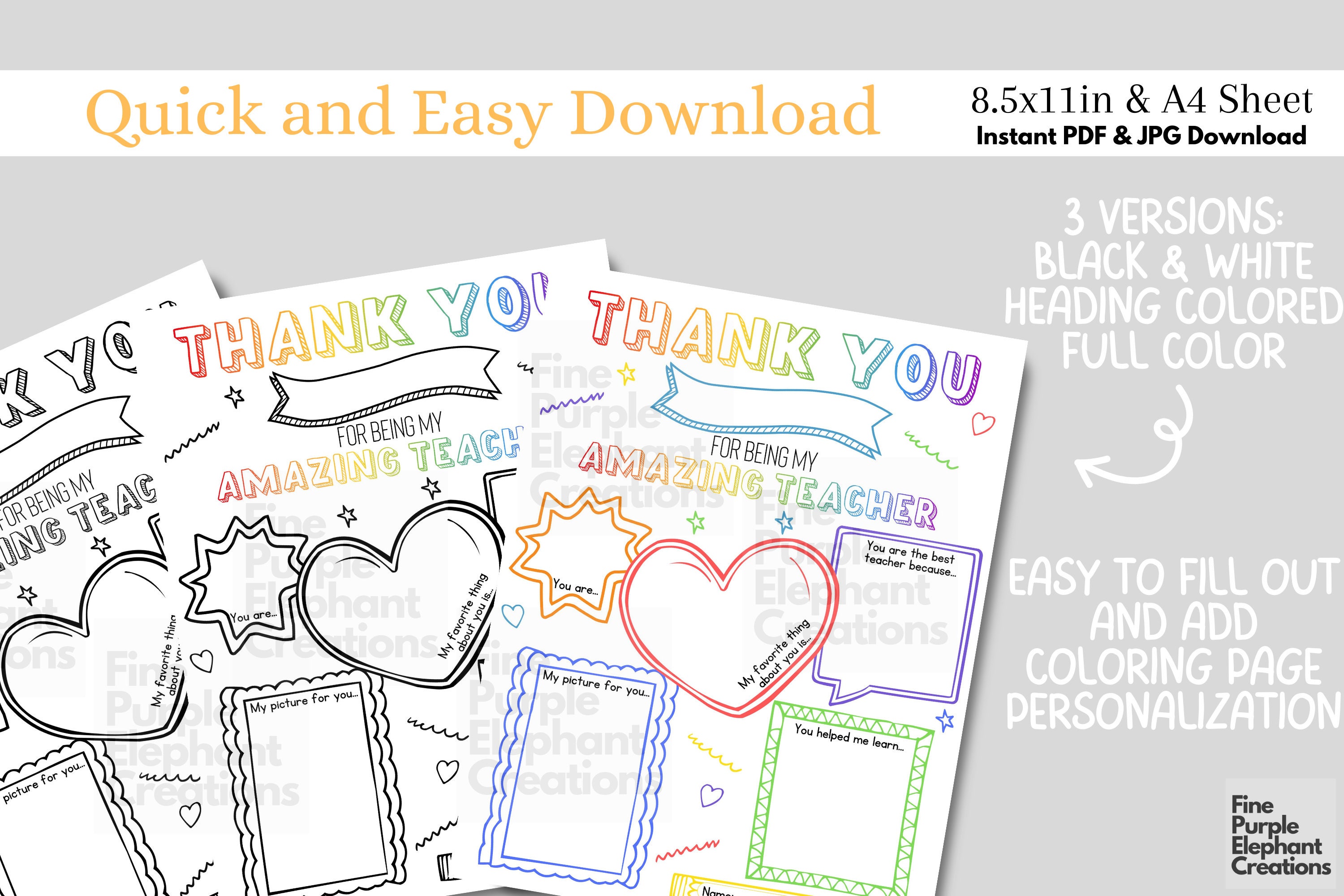 Teacher Appreciation Printable Digital Worksheet - Personalized End ...