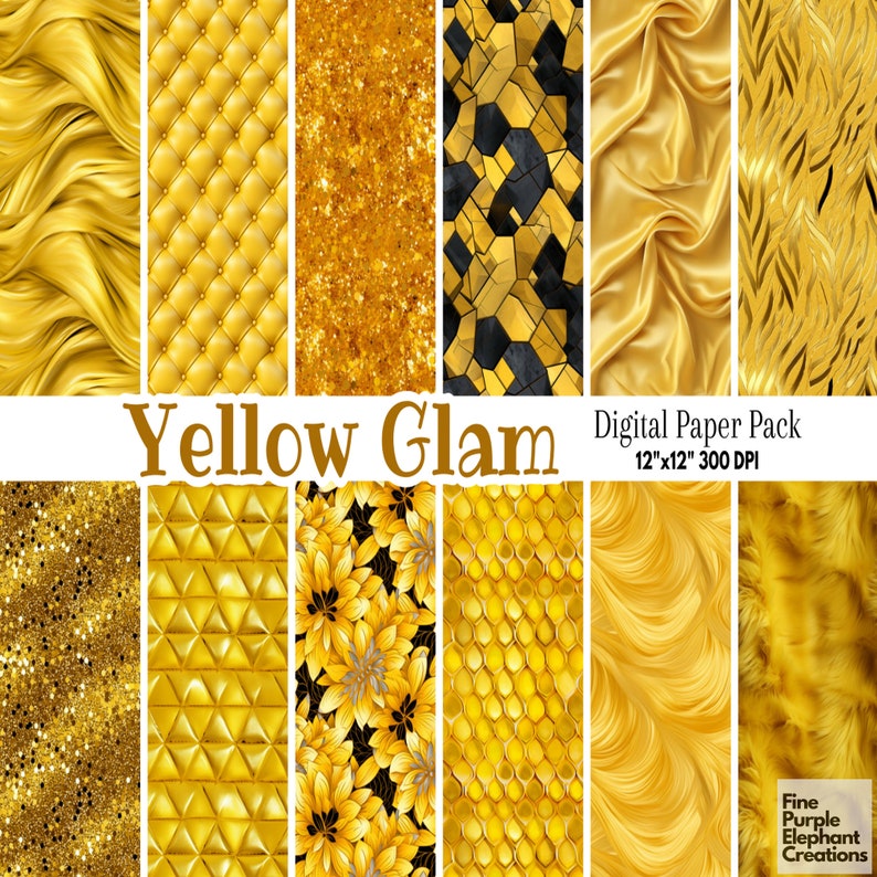 Yellow Glam Digital Paper | Luxury Glitter Scrapbook Pattern Royal ...