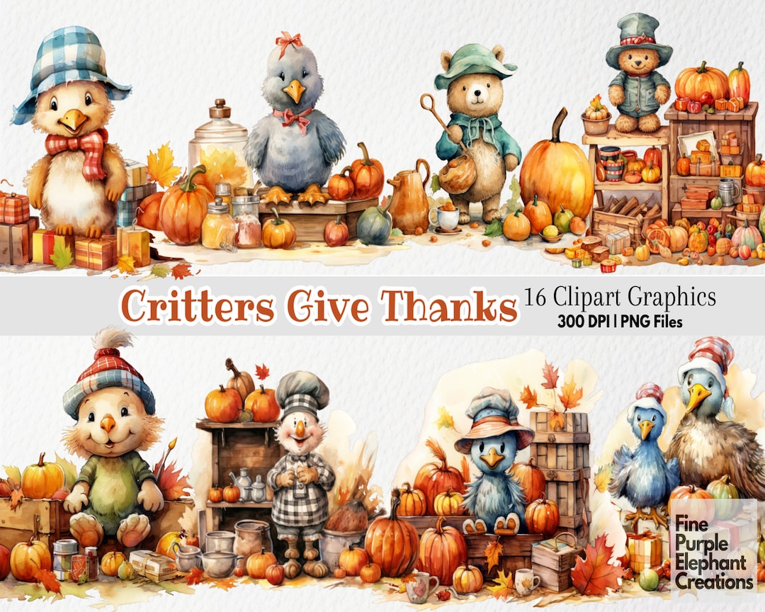 Watercolor Cute Thanksgiving Animals PNG Clipart Fall Sublimation ...