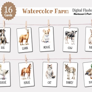 Watercolor Farm Animal Digital Flashcards Montessori Card Preschool ...