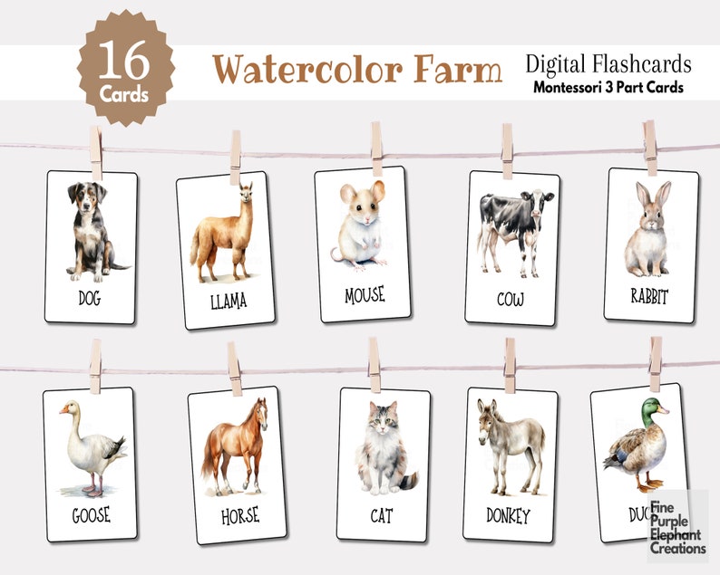 Watercolor Farm Animal Digital Flashcards Montessori Card Preschool ...