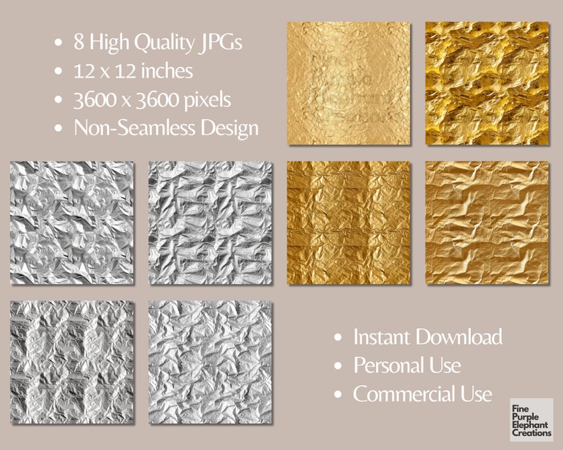 Metallic Foil Textures Digital Paper Wrinkled Gold Silver Metal Foil ...