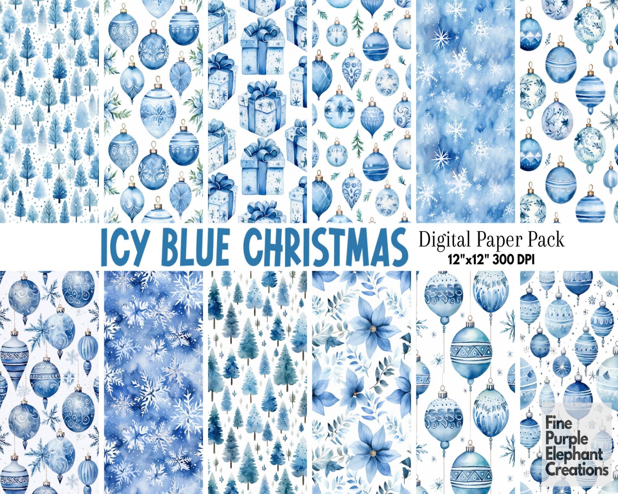 Watercolor Blue Christmas Digital Paper Holiday Sublimation HD Winter ...