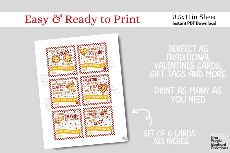 Printable Kids Pizza Valentine Digital Paper Cards Candy School ...