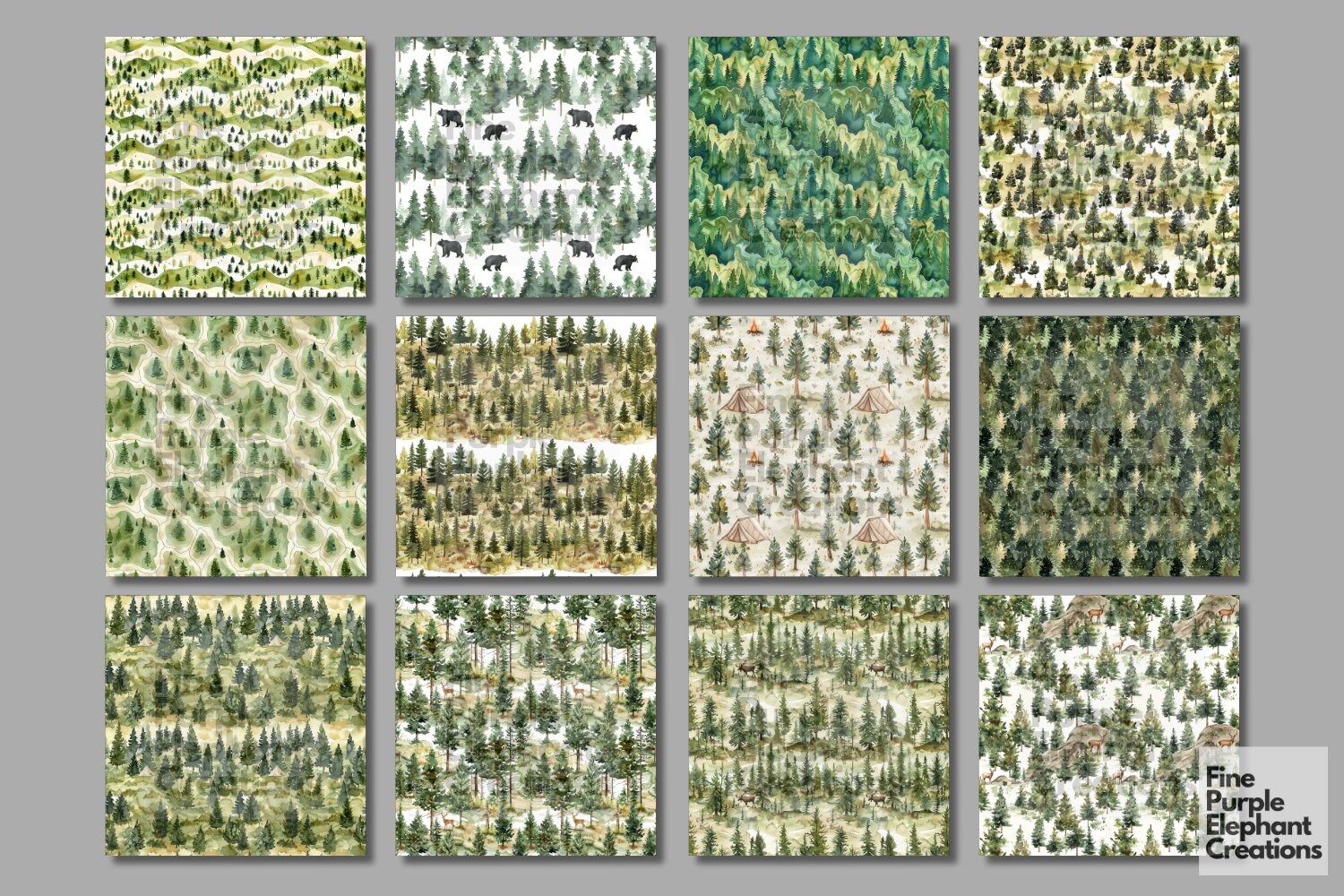 Watercolor Forest Camping Digital Paper | Green Trees Sublimation ...