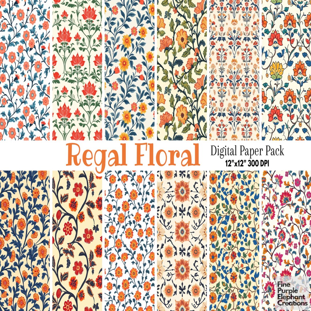 Ornamental Floral Flower Damask Digital Paper | Orange Gold Marigold ...