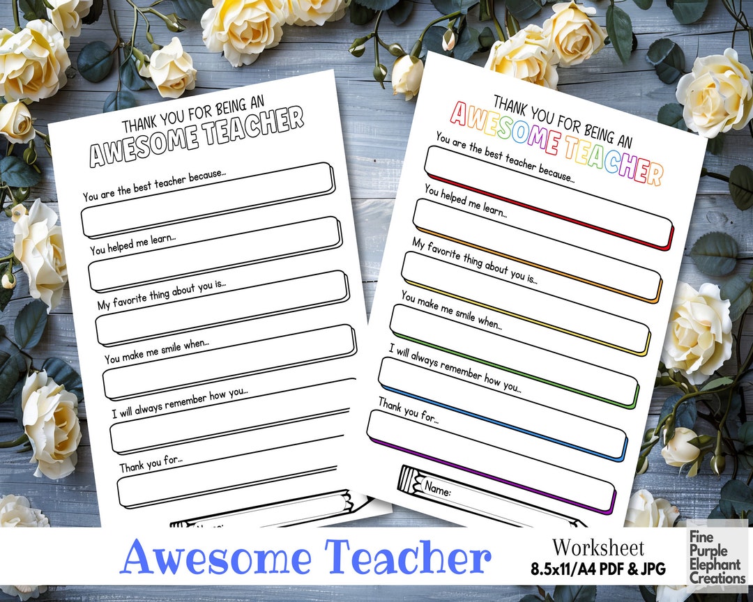 Teacher Appreciation Printable Digital Worksheet - Personalized End ...