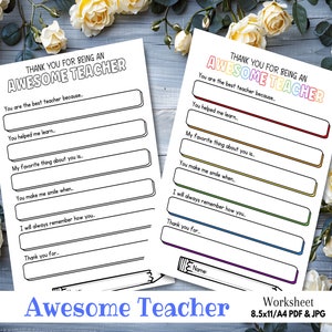 Teacher Appreciation Printable Digital Worksheet - Personalized End ...