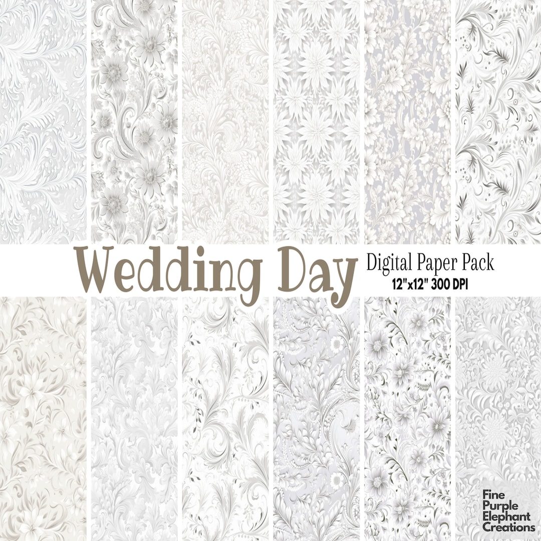 White Wedding Flourish Digital Paper | Damask Filigree Flower Motif ...
