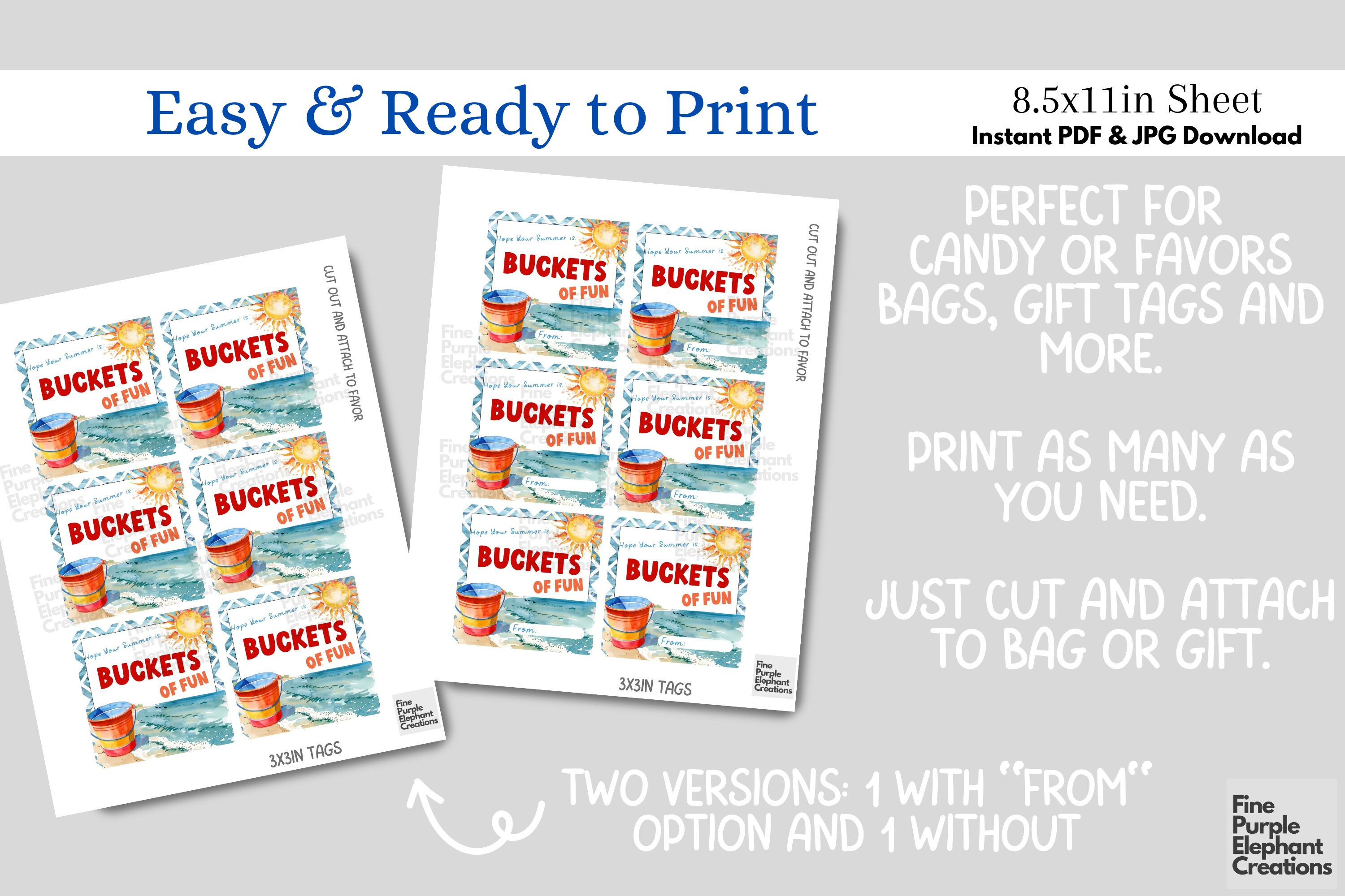 Beach Sand Bucket Fun Printable Favor Tag Label Personalized End School ...