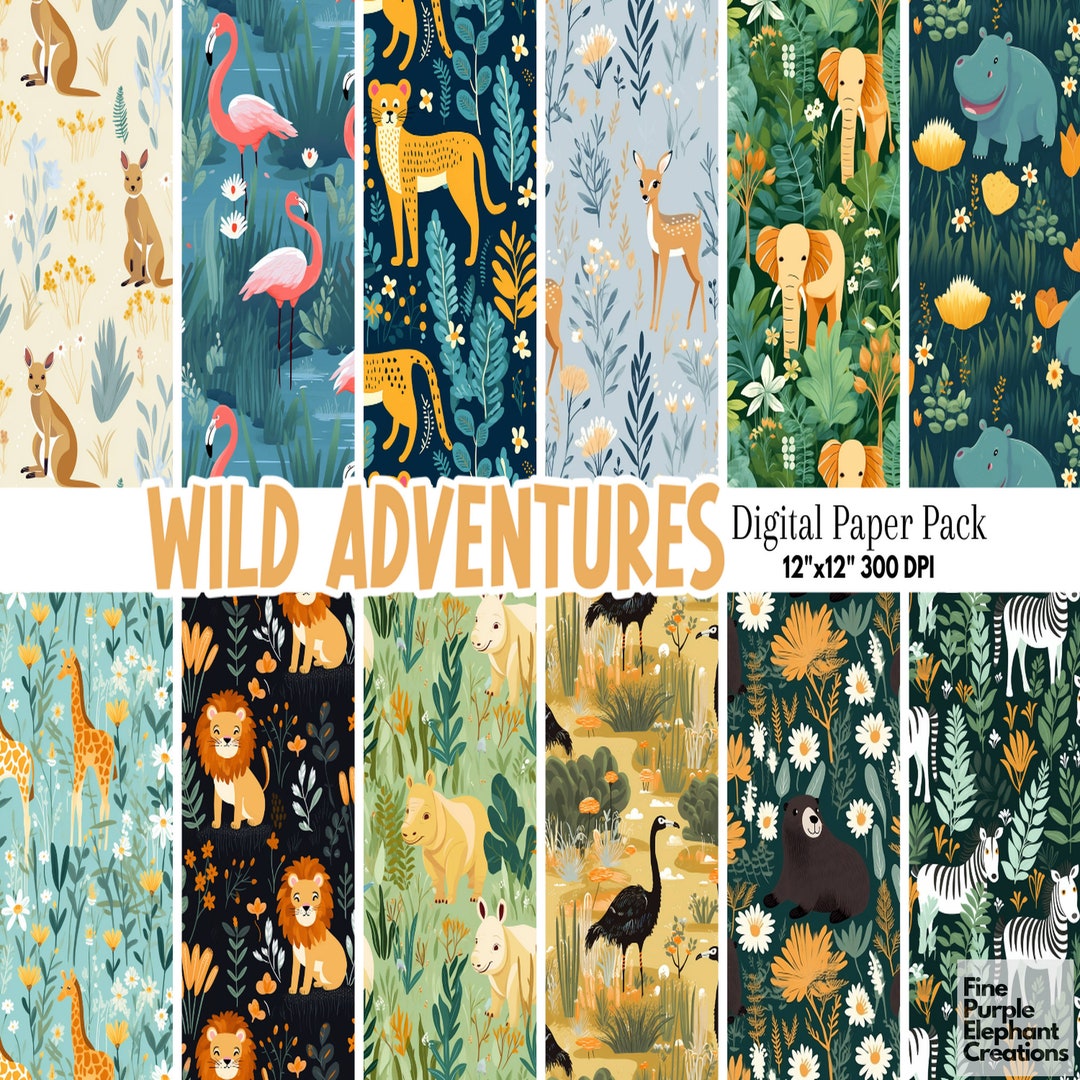 African Safari Animal Digital Paper Animal Sublimation Pattern Elephant ...