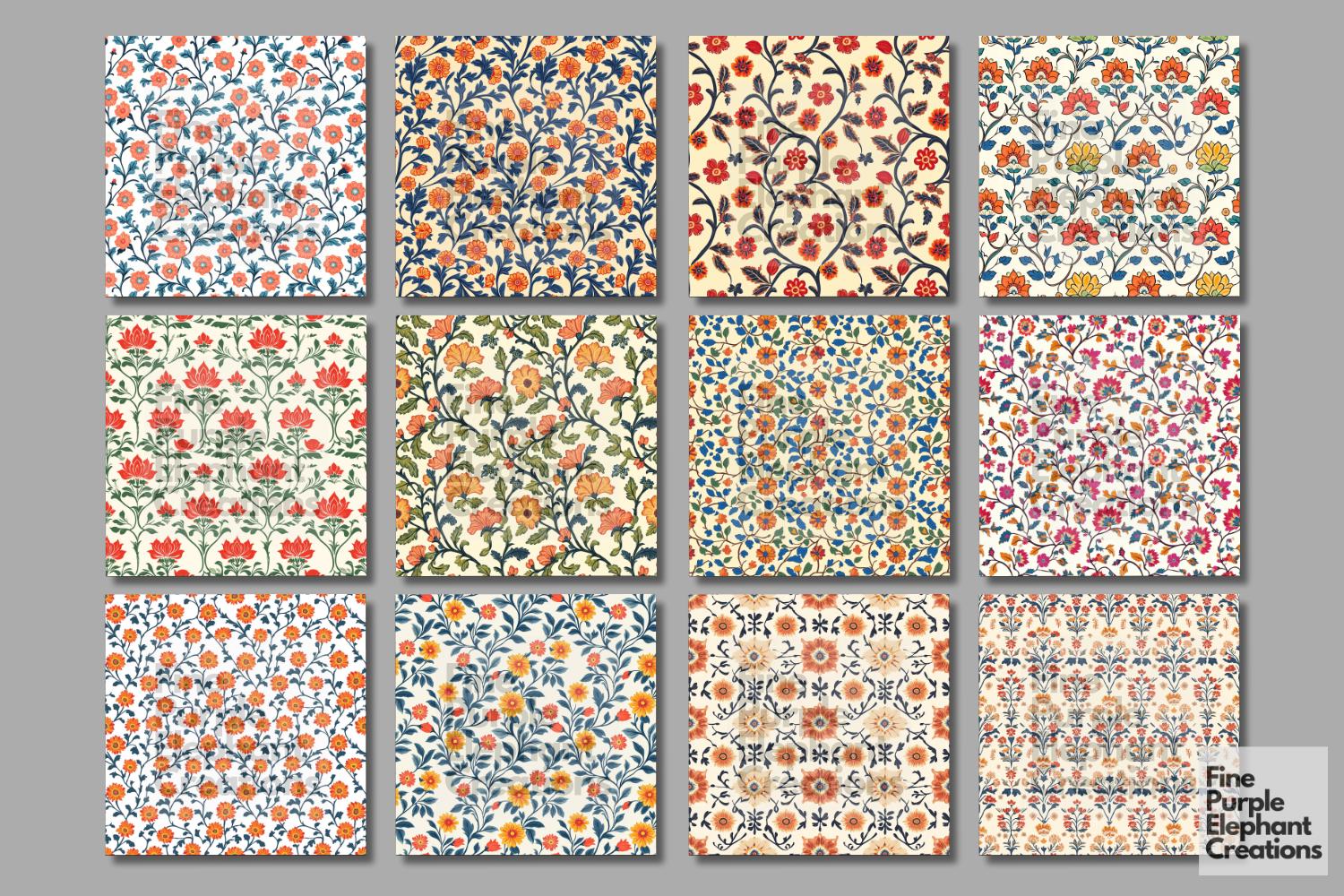 Ornamental Floral Flower Damask Digital Paper | Orange Gold Marigold ...