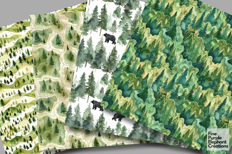 Watercolor Forest Camping Digital Paper | Green Trees Sublimation ...