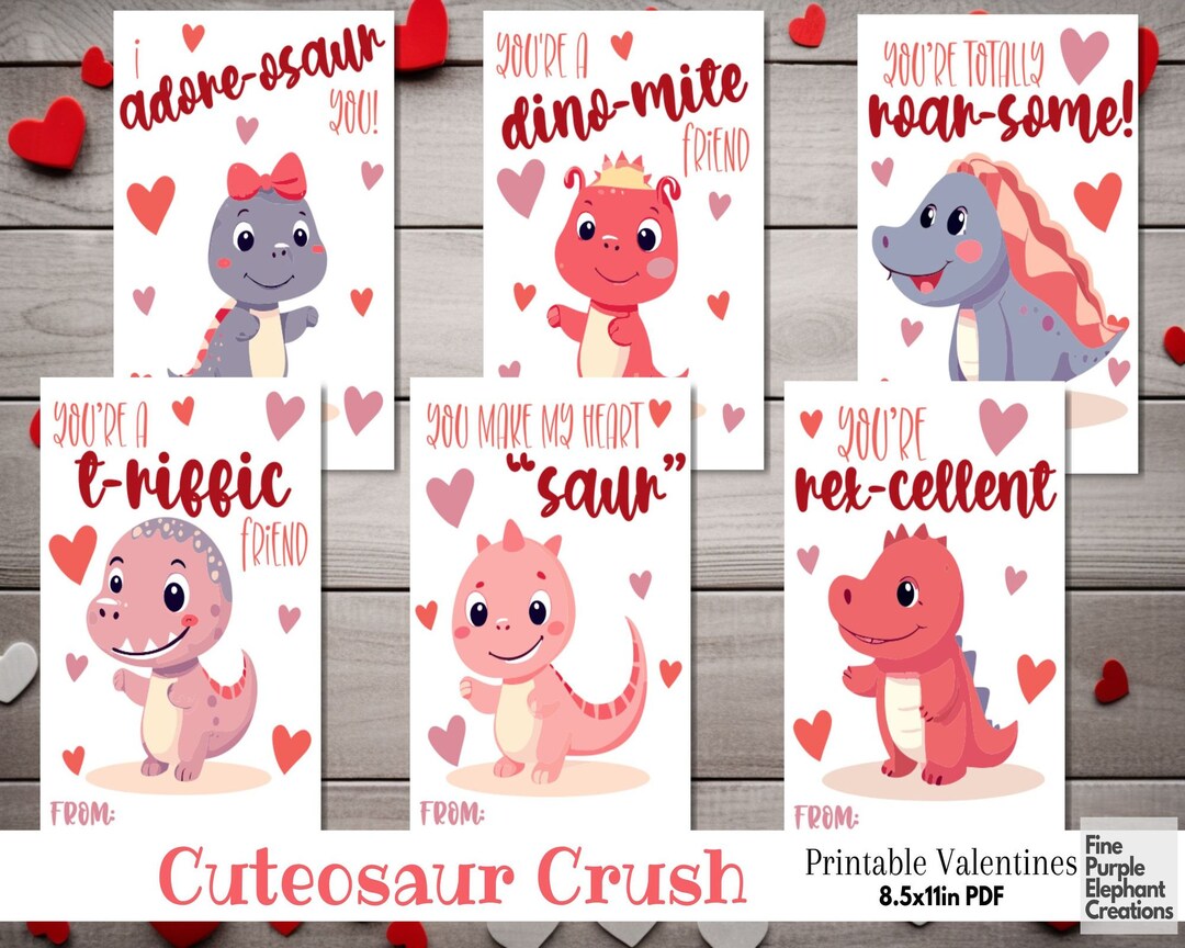 Printable Kids Dinosaur Valentine Digital Paper Cards | Cute Heart ...