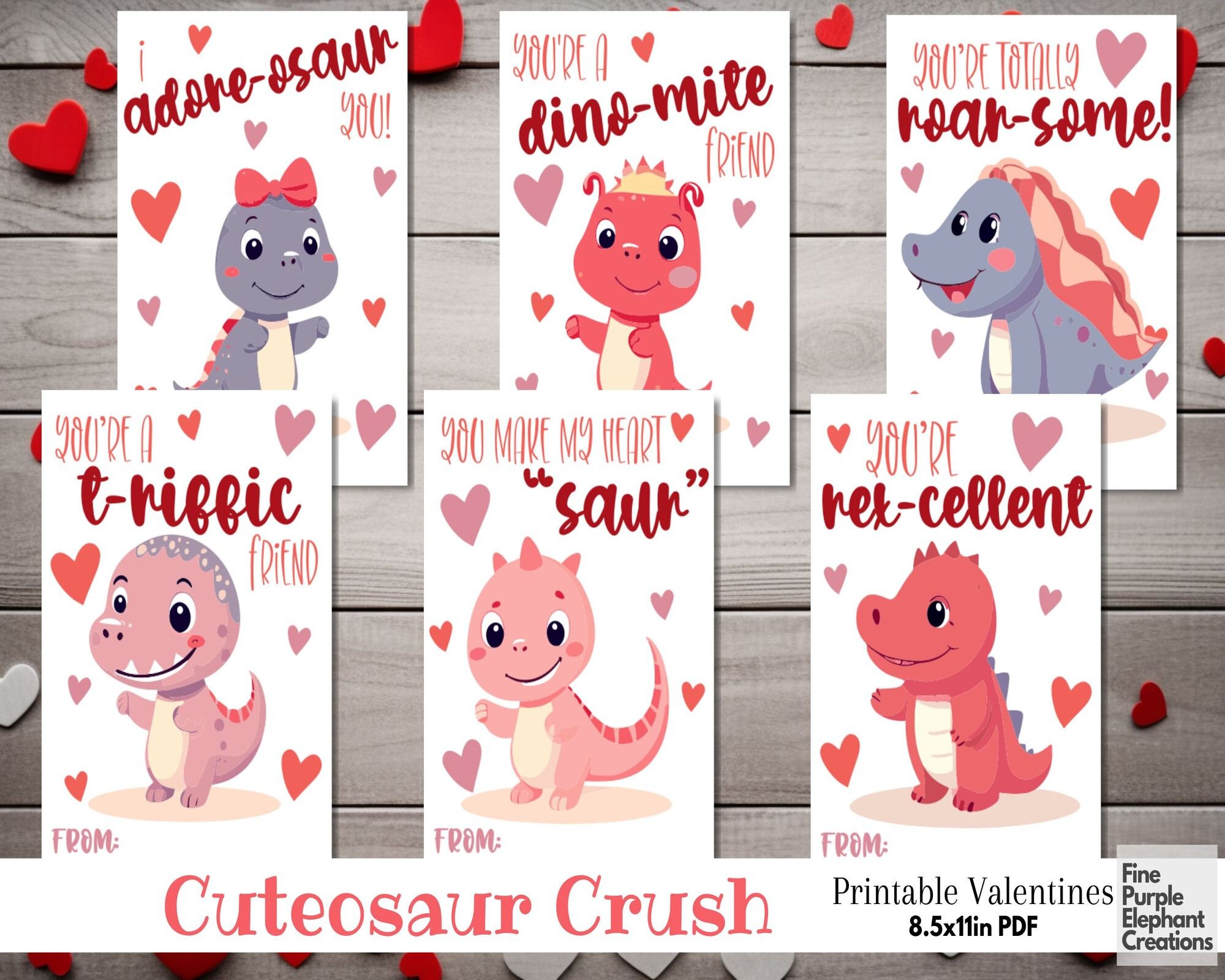 Printable Kids Dinosaur Valentine Digital Paper Cards | Cute Heart ...