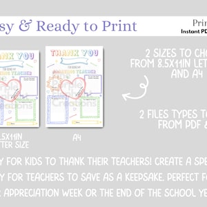 Teacher Appreciation Printable Digital Worksheet - Personalized End ...