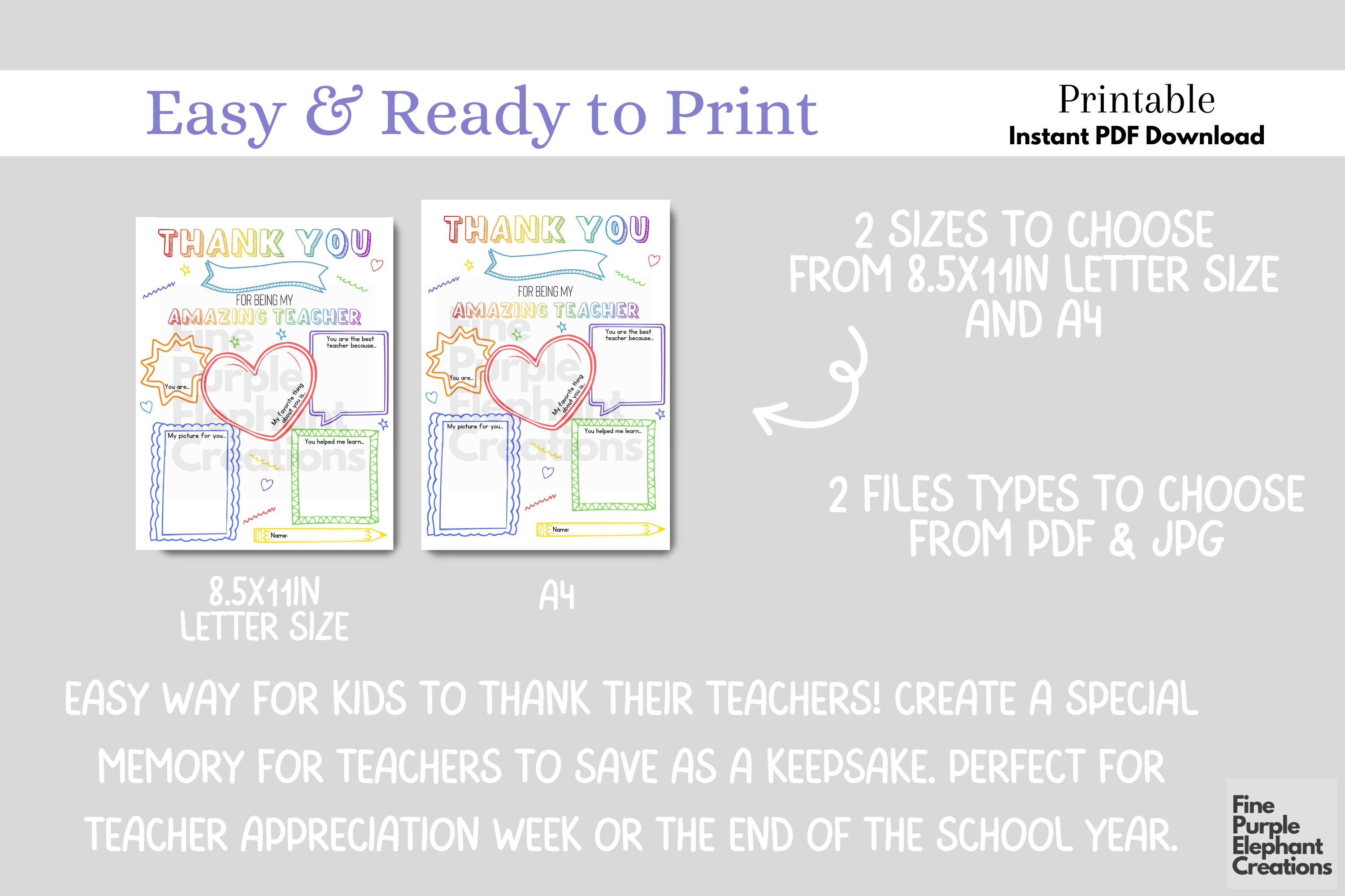 Teacher Appreciation Printable Digital Worksheet - Personalized End ...