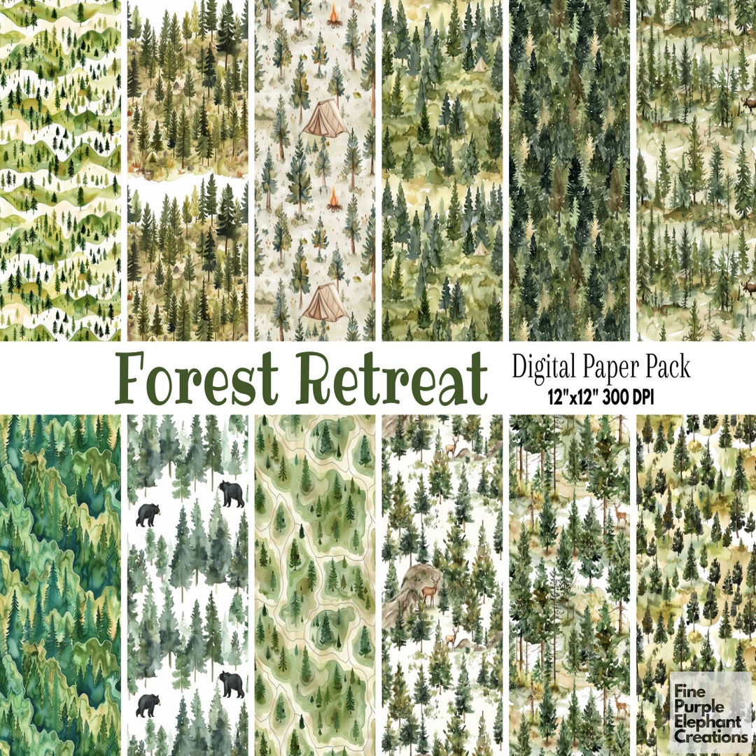 Watercolor Forest Camping Digital Paper | Green Trees Sublimation ...
