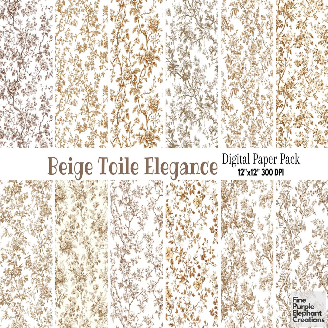Beige Toile Elegance Digital Paper | Delicate Floral Garden Chinoiserie ...