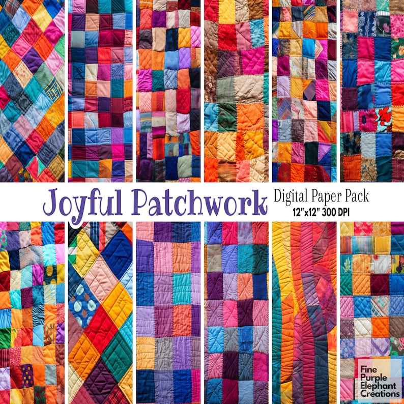 Colorful Patchwork Quilt Digital Paper | Antique Grandma Sewn Stitched Fabric Texture ...
