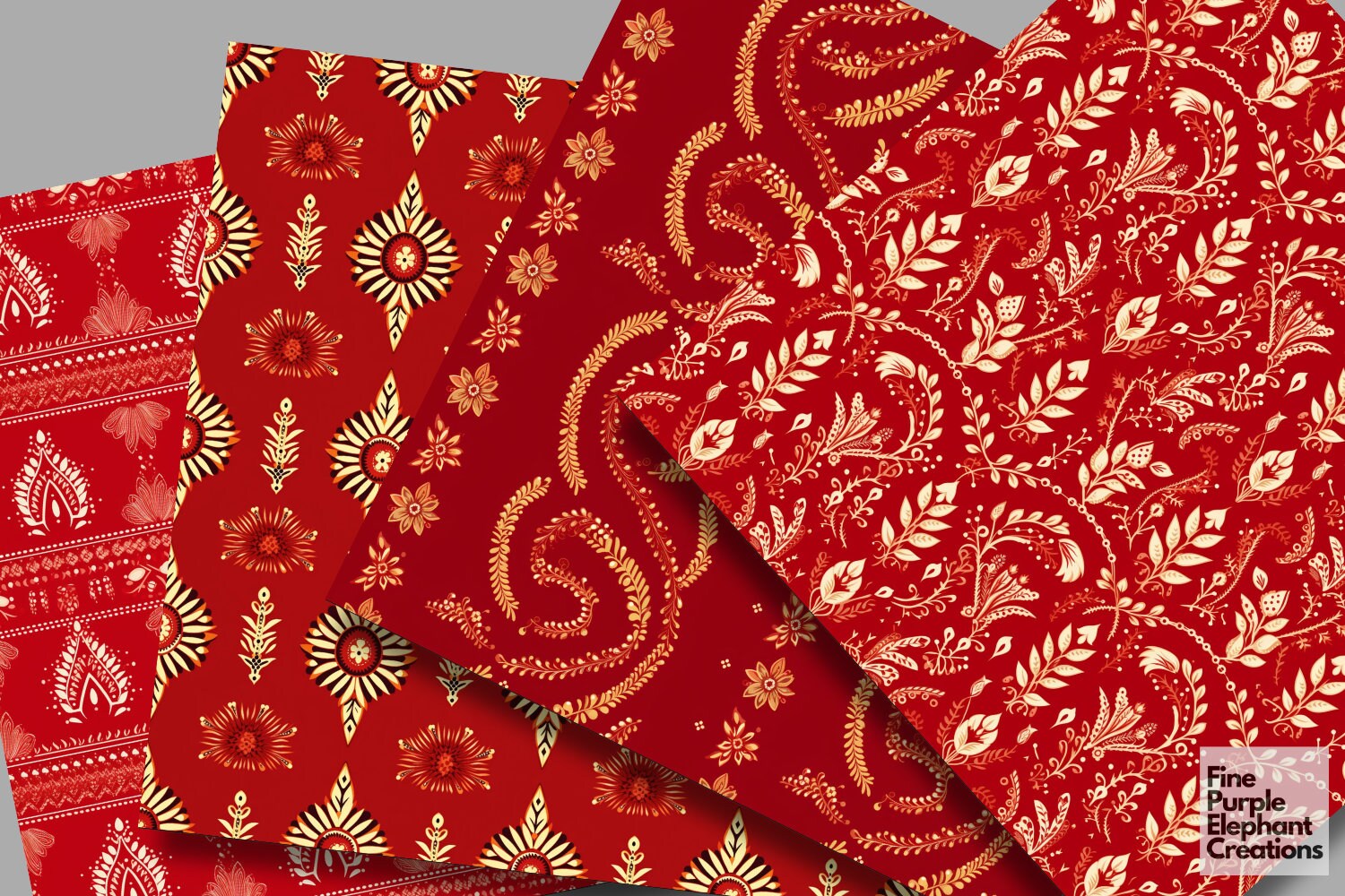 Traditional Indian Fabric Digital Paper | Red Gold Paisley Mandala ...