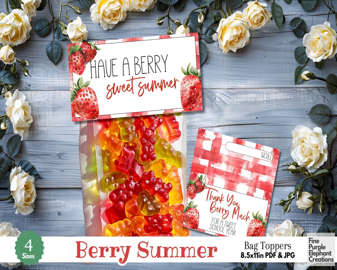 Watercolor Strawberry Fruit Printable Treat Bag Topper Card - Favor End ...