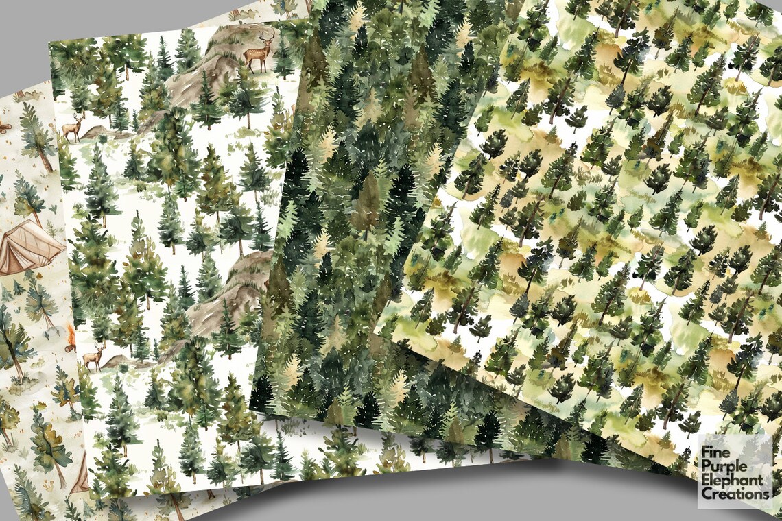 Watercolor Forest Camping Digital Paper | Green Trees Sublimation ...