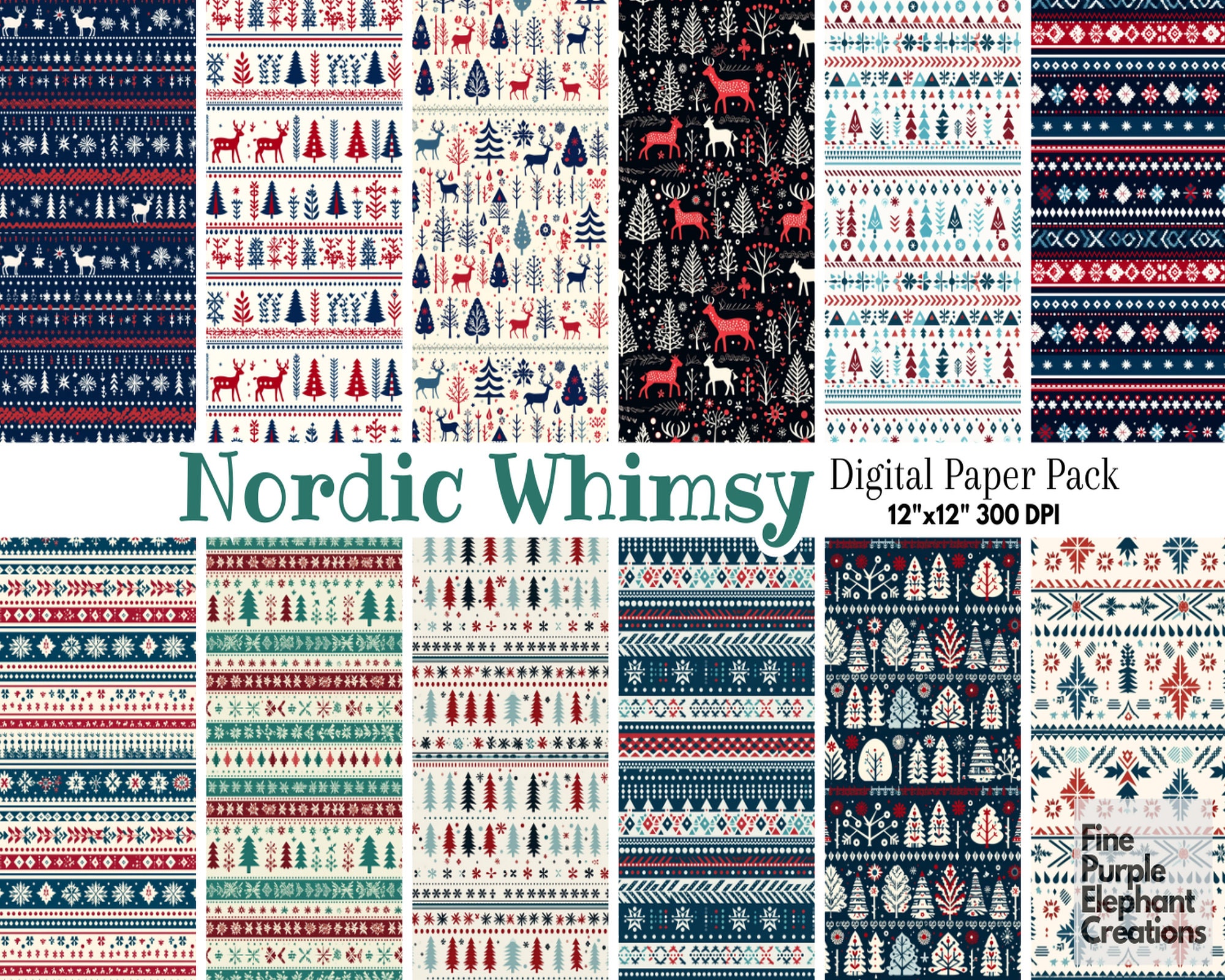 Nordic Fair Isle Digital Paper Christmas Holiday Sublimation Winter ...