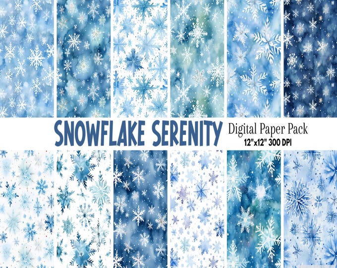 Watercolor Blue White Snowflake Digital Paper Holiday Sublimation HD ...