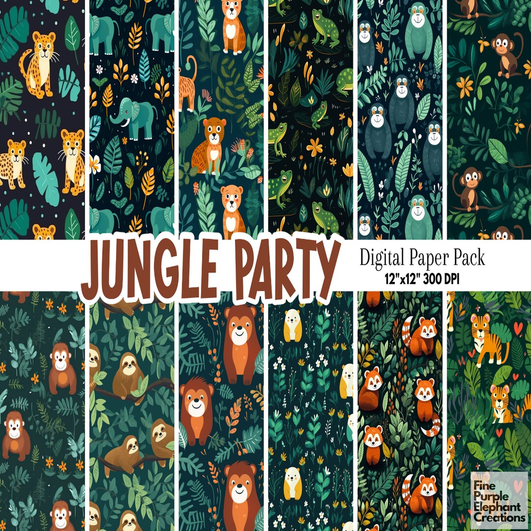 Jungle Kids Birthday Party Digital Paper Rainforest Animal Patterns ...