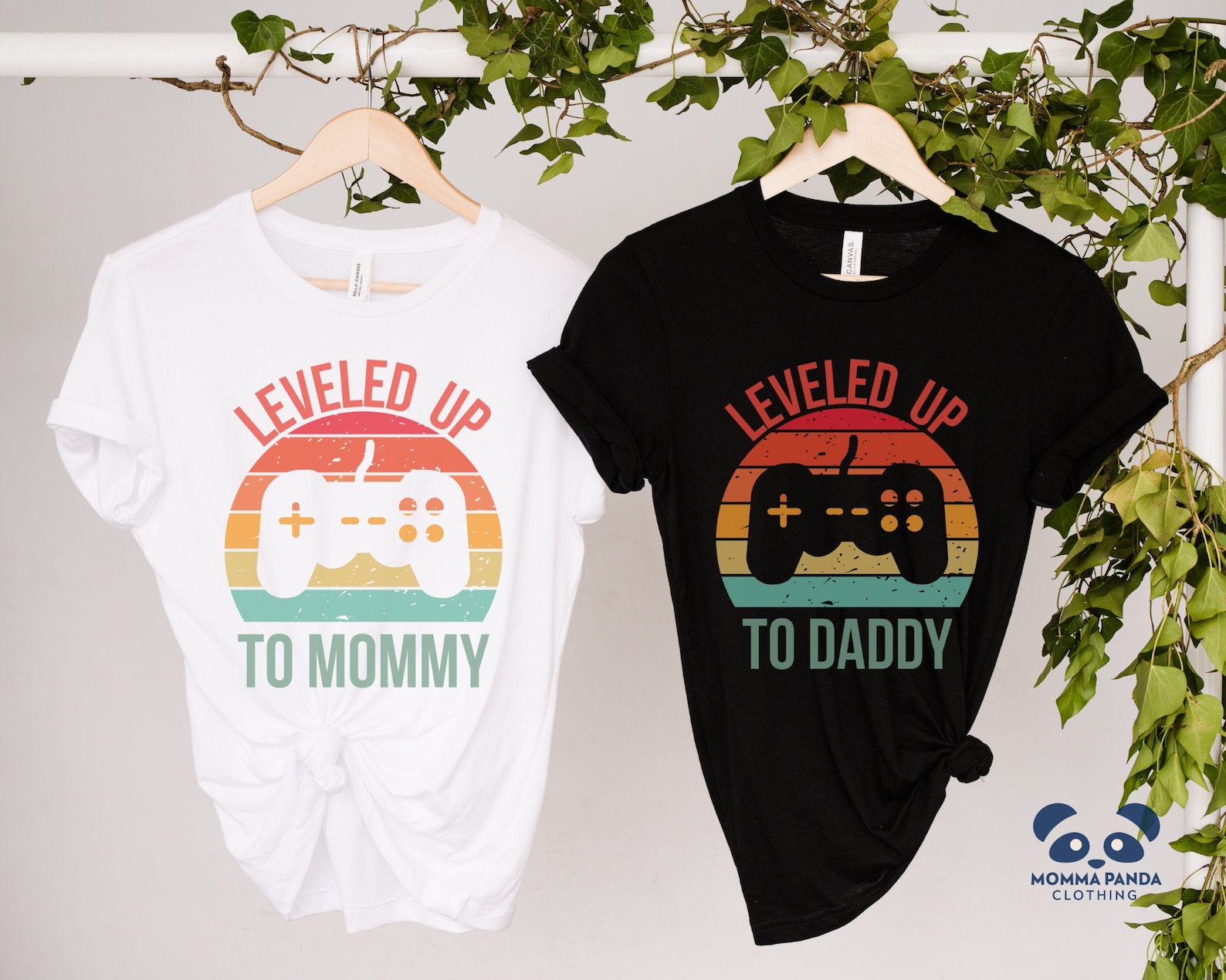 Leveled up to Daddy Leveled up to Mommy Pregnancy Announcement Shirts ...