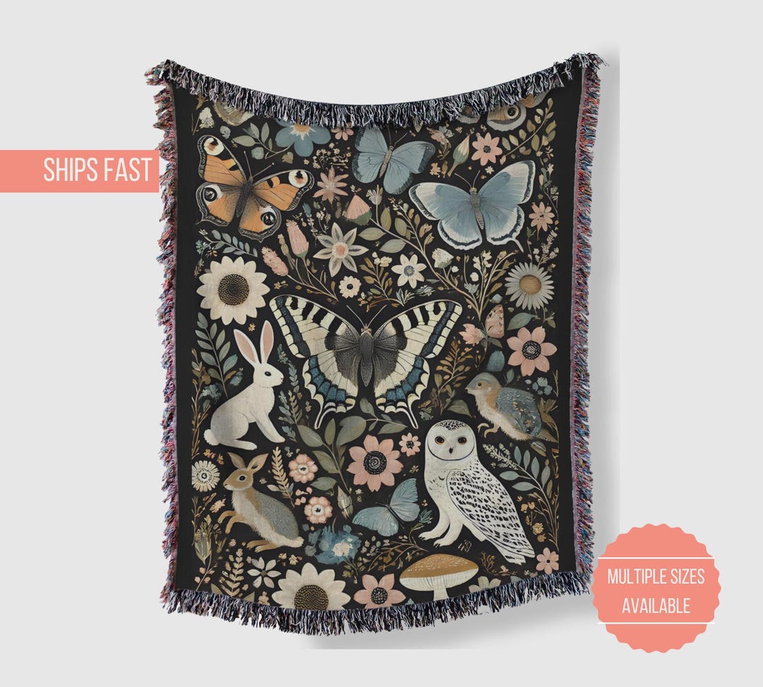 Woven Blanket, Forest Flora and Fauna Woven Tapestry, Woodland Animals ...