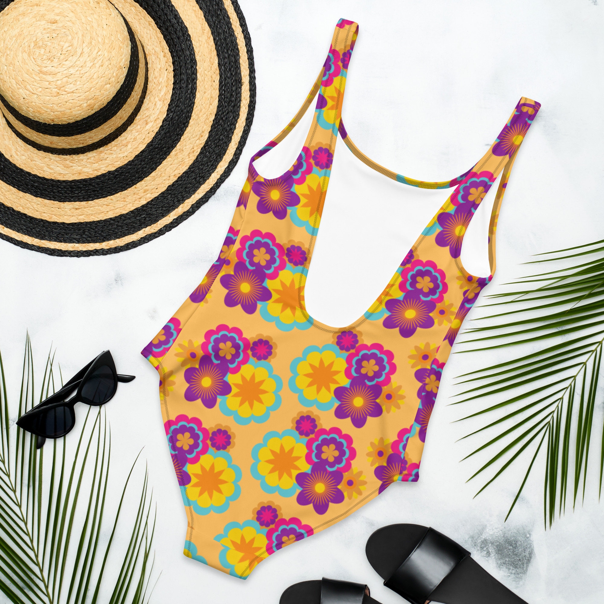 One Piece Floral 70s Retro Vintage Style Swimsuit, One Pieice Swimsuits ...