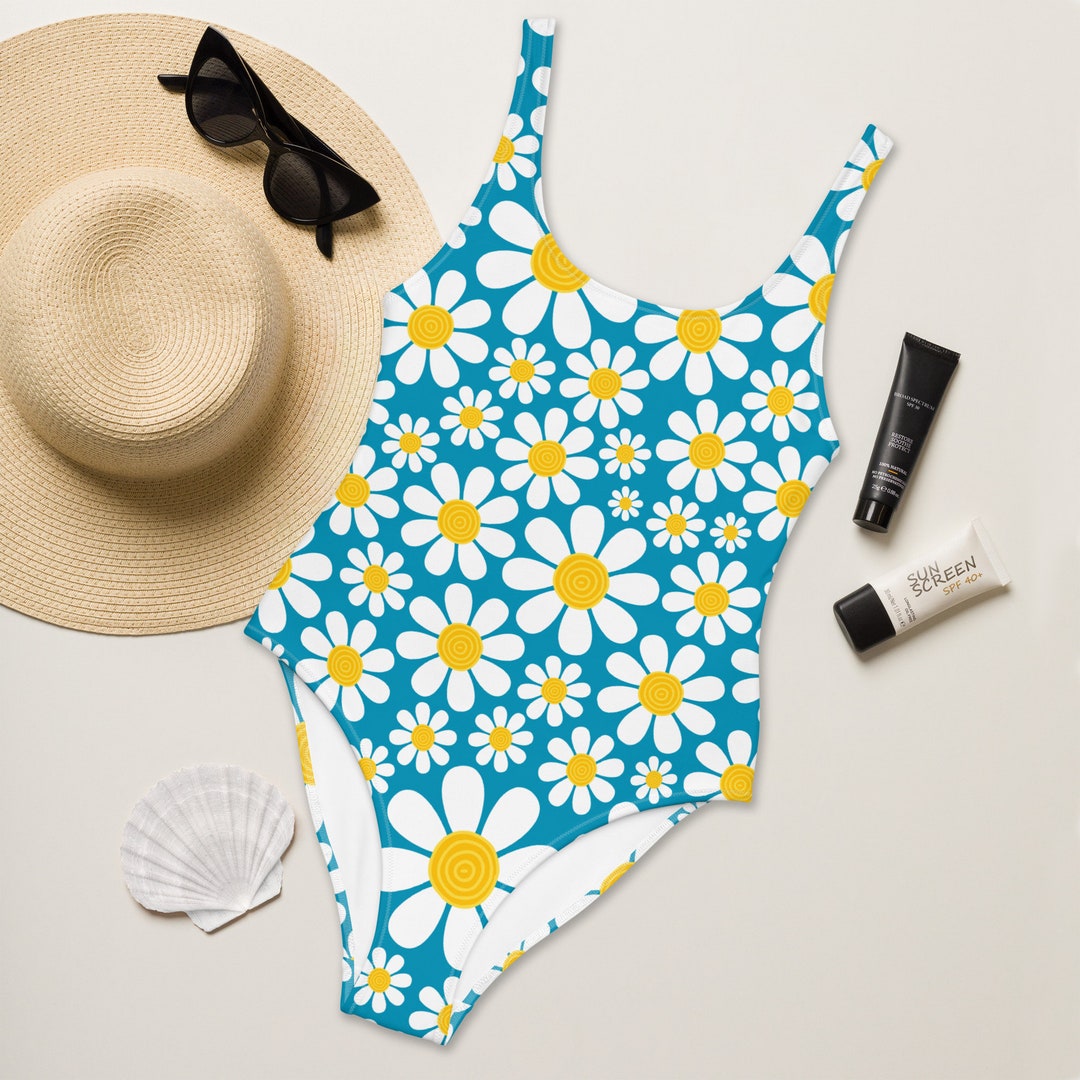 Floral Daisy One Piece Swimsuit, Daisy Print One Piece Floral Bathing ...