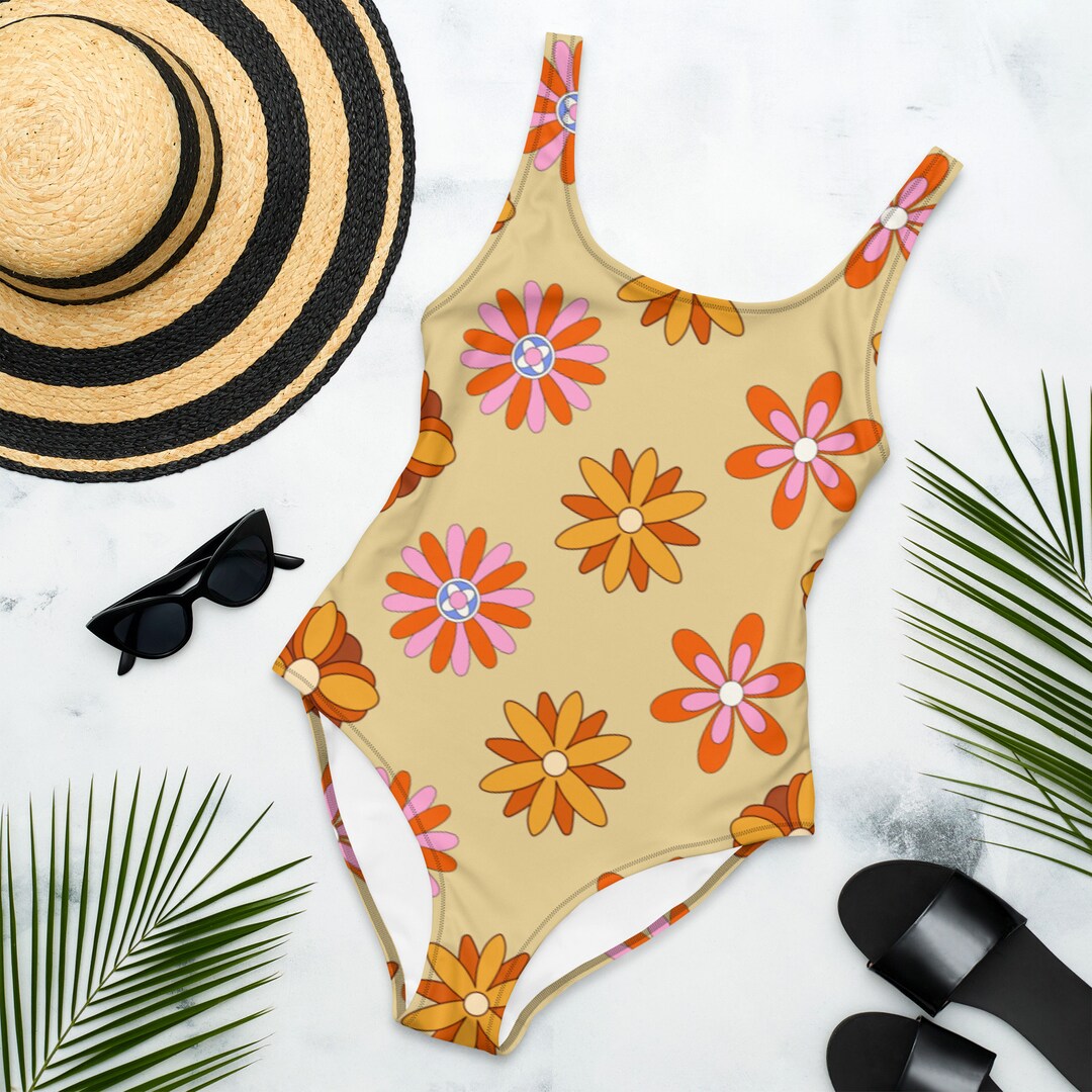 Floral 70s One Piece Retro Vintage Style Swimsuit, One Pieice Swimsuits ...