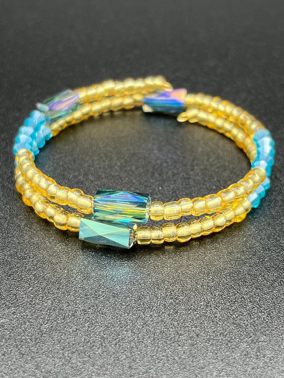 Iridescent Blue Crystal Barrel Bead Bracelet: Gold Glass Memory Wire - Etsy