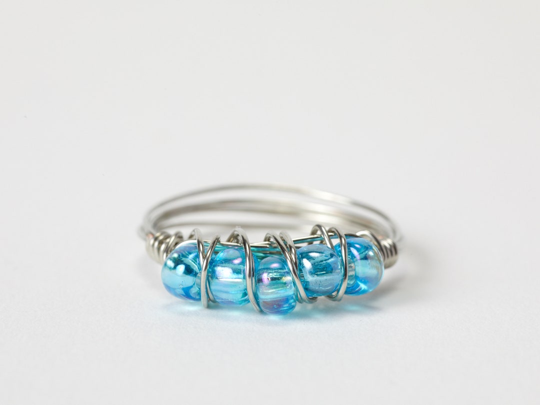Blue Glass Wire Wrapped Bead Ring, Ring of Blue Glass Beads Wire Wrapped, Ring Blue Small Glass ...