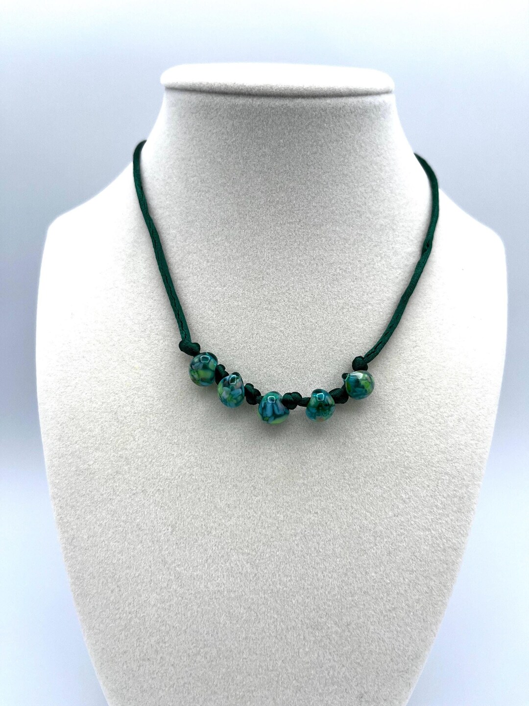 Glass Teardrop Bead Necklace and Earrings, Blue Green Beads on Green ...