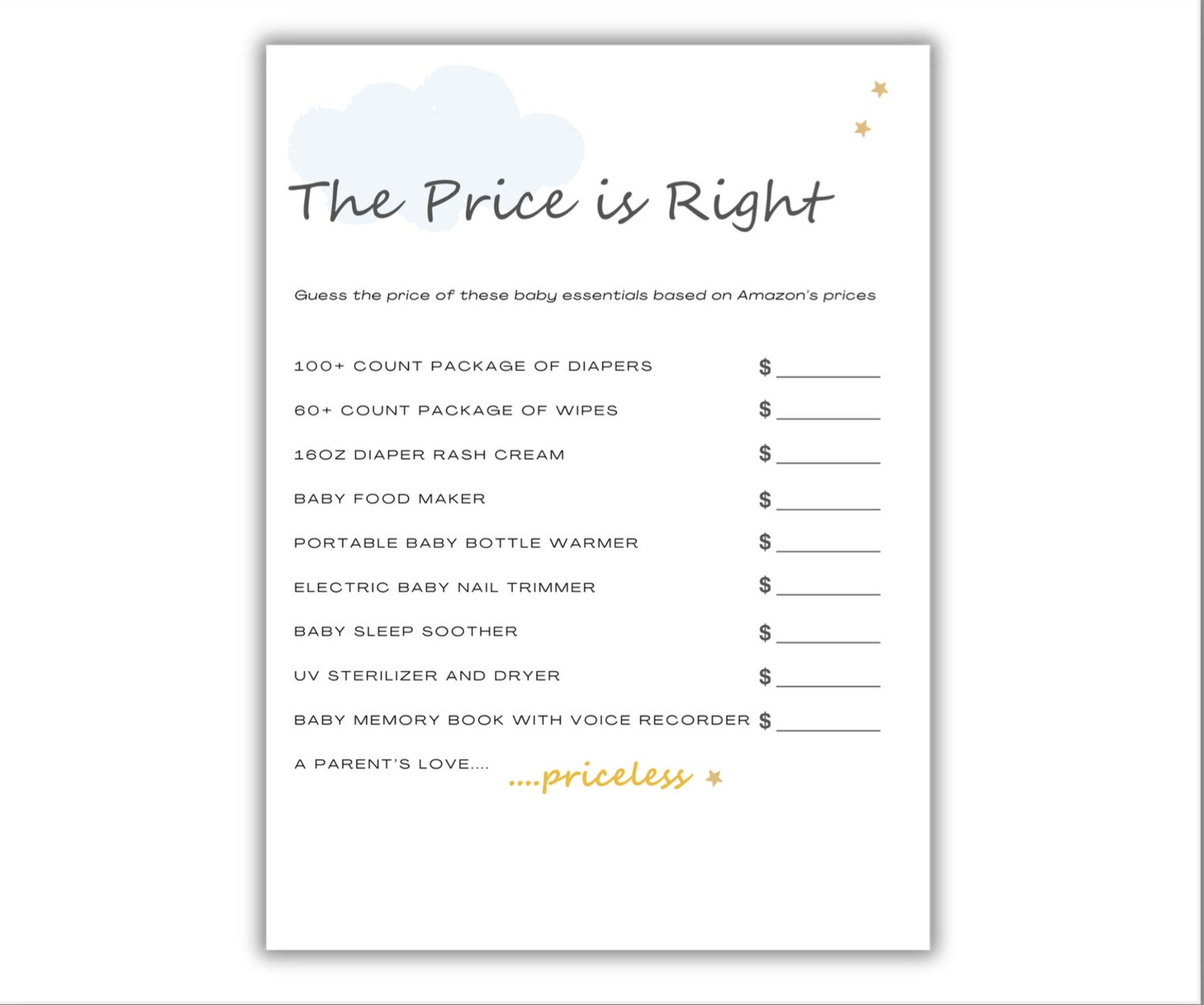 Baby Shower Game | the Price is Right | Baby Shower Template | Baby ...