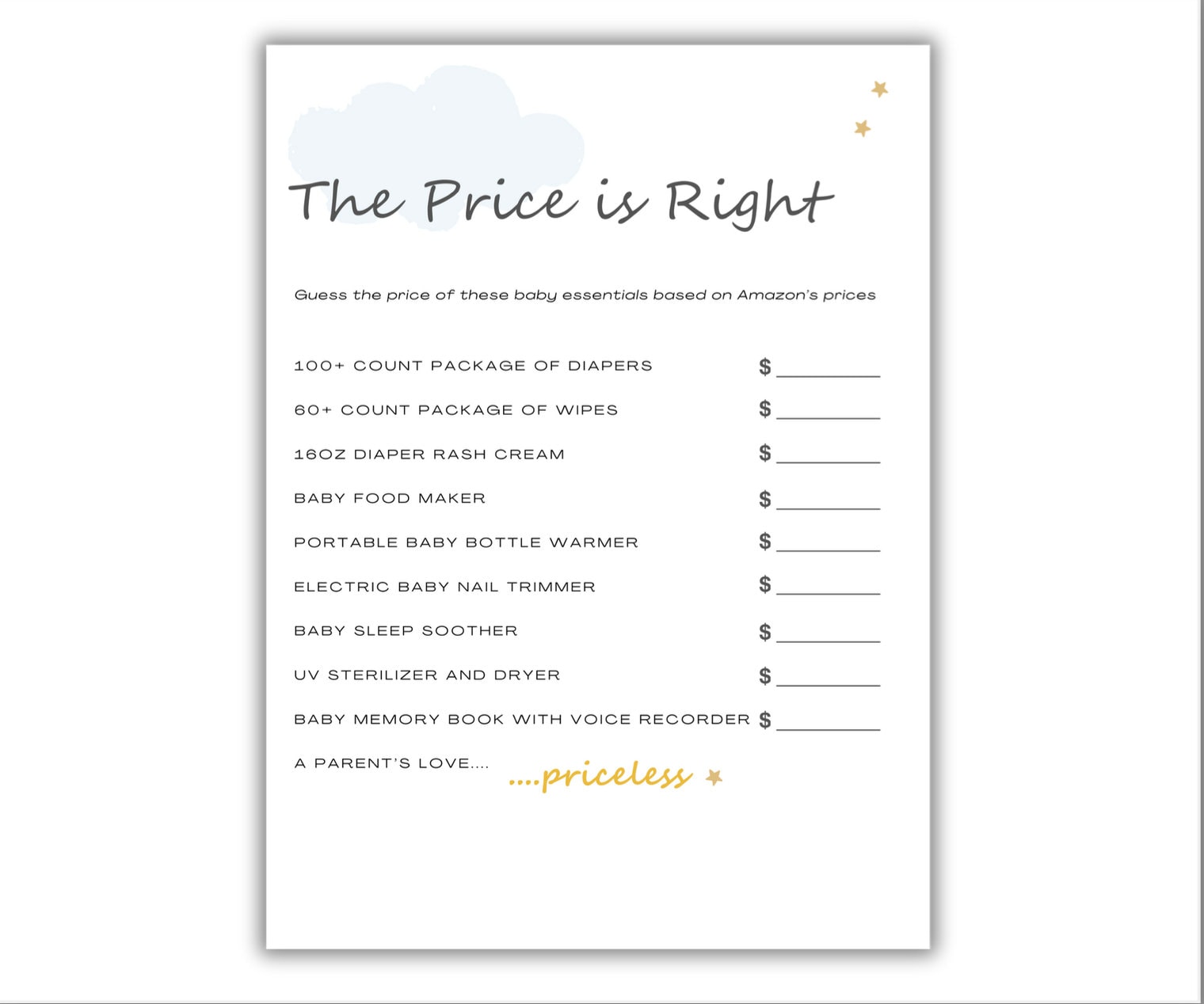 Baby Shower Game | the Price is Right | Baby Shower Template | Baby ...