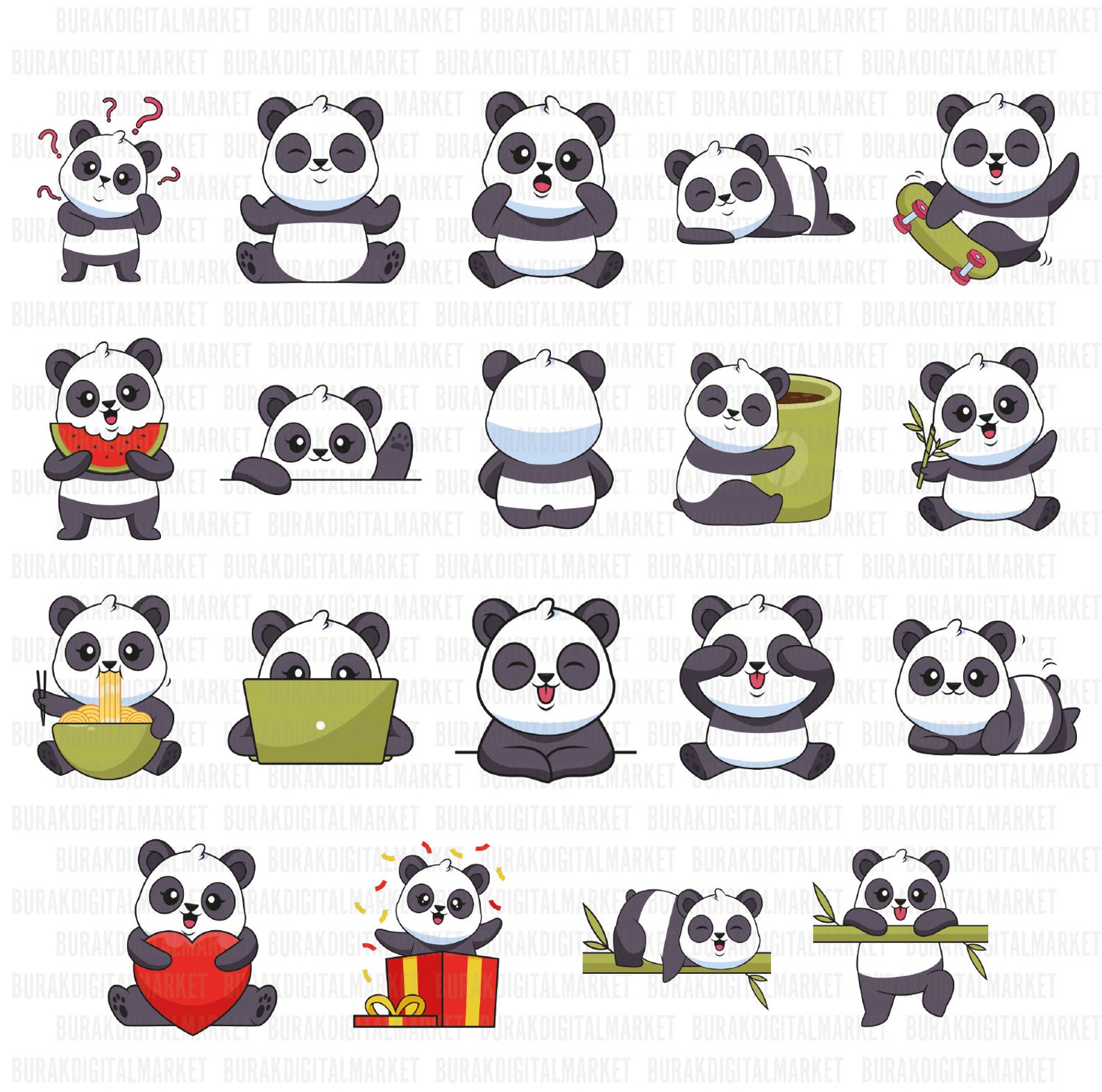 Panda Clipart Cute Panda Bear Kawaii Pandas Funny Animal Digital ...