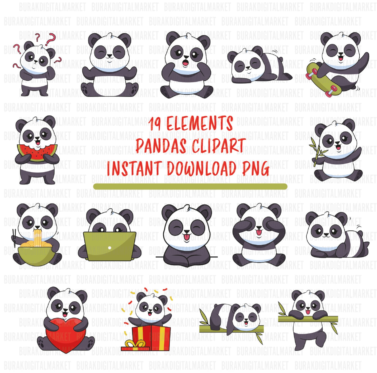 Panda Clipart Cute Panda Bear Kawaii Pandas Funny Animal Digital ...